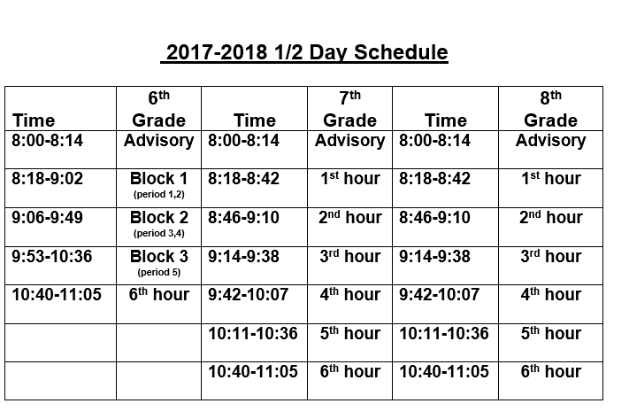 Half Day Schedule Bryant Middle School